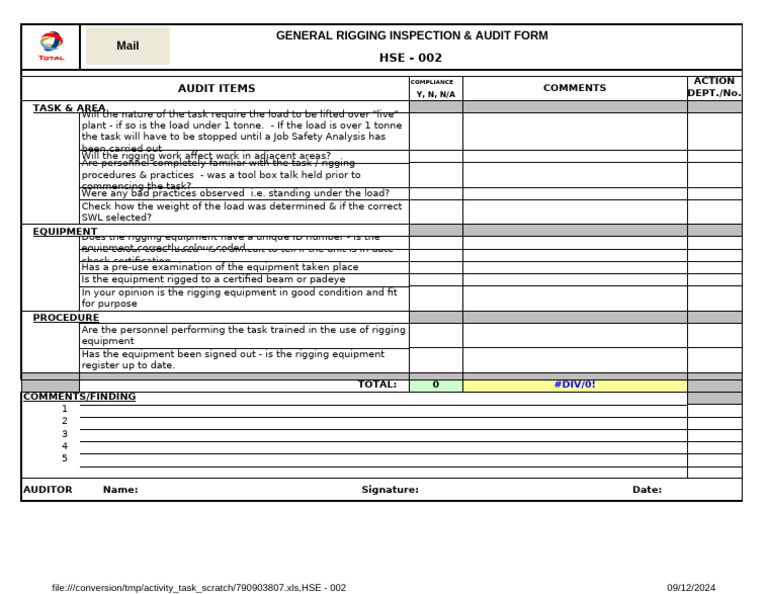 HSE-002 - General Rigging Inspection & Audit Form | PDF