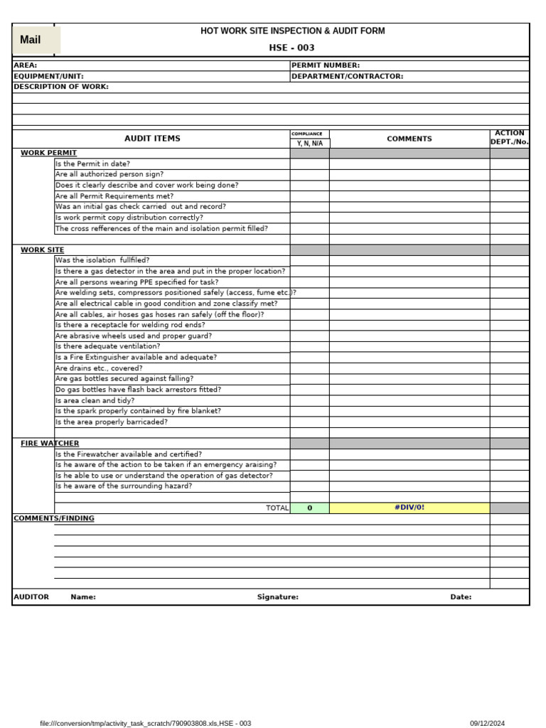HSE-003 - Hot Work Inspection & Audit Form | PDF