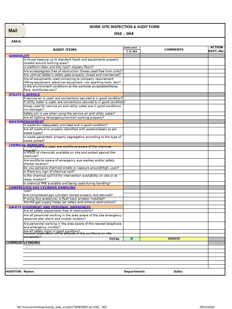 HSE-004 - Worksite Inspection & Audit Form | PDF