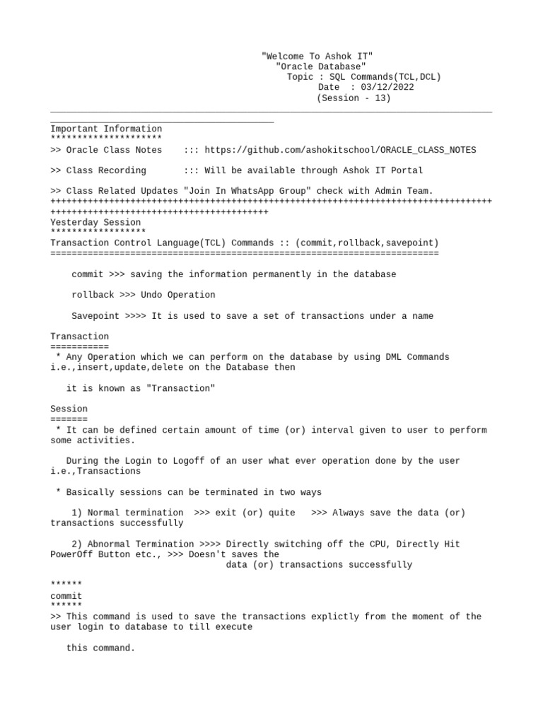 Day-13 Oracle TCL AND DCL COMMANDS | PDF