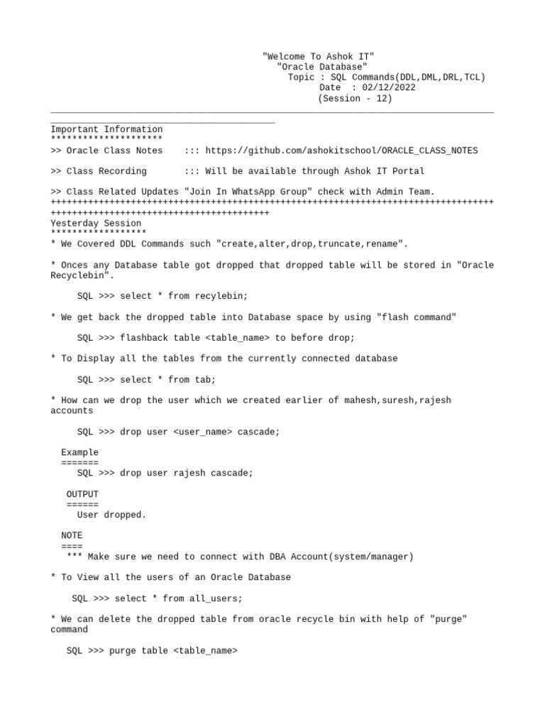 Day-12 Oracle DDL DML DRL TCL Commands | PDF