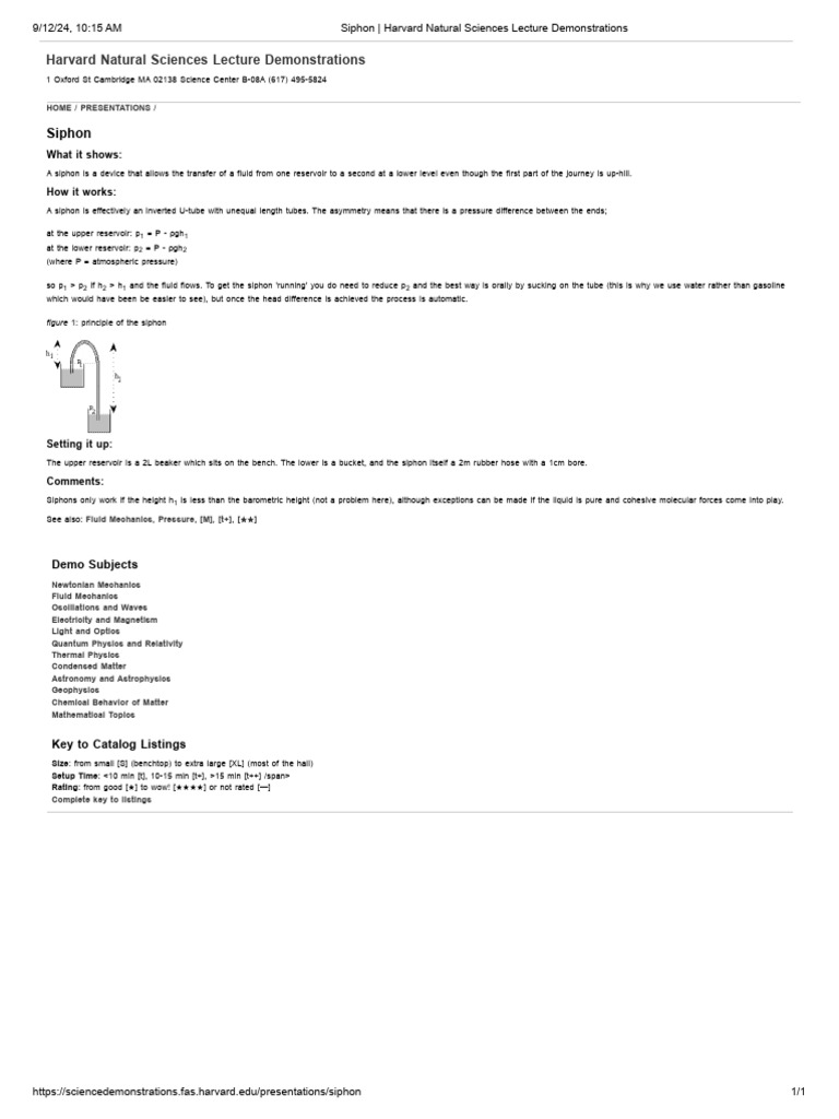 Siphon - Harvard Natural Sciences Lecture Demonstrations | PDF