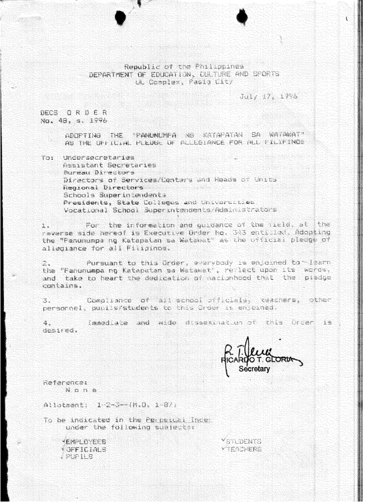 DO - s1996 - 048 (Panunumpa NG Watawat Enjoined) | PDF