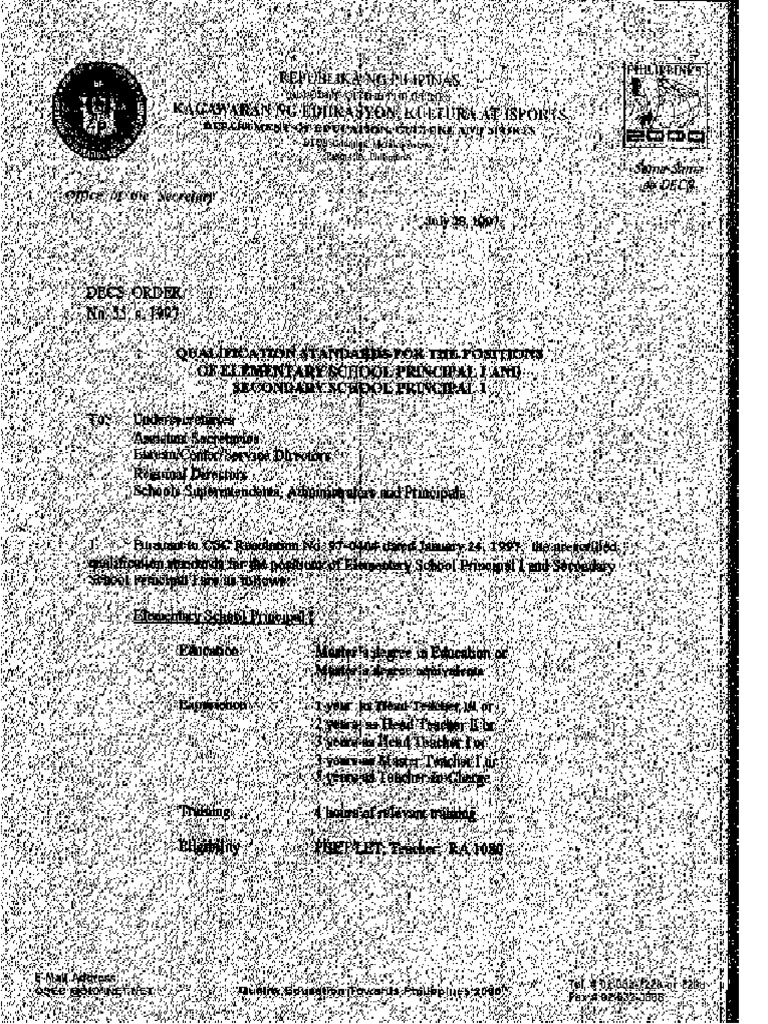 DO - s1997 - 55 (Qualification Standards For Elementary and Secondary School Principal DECS) | PDF