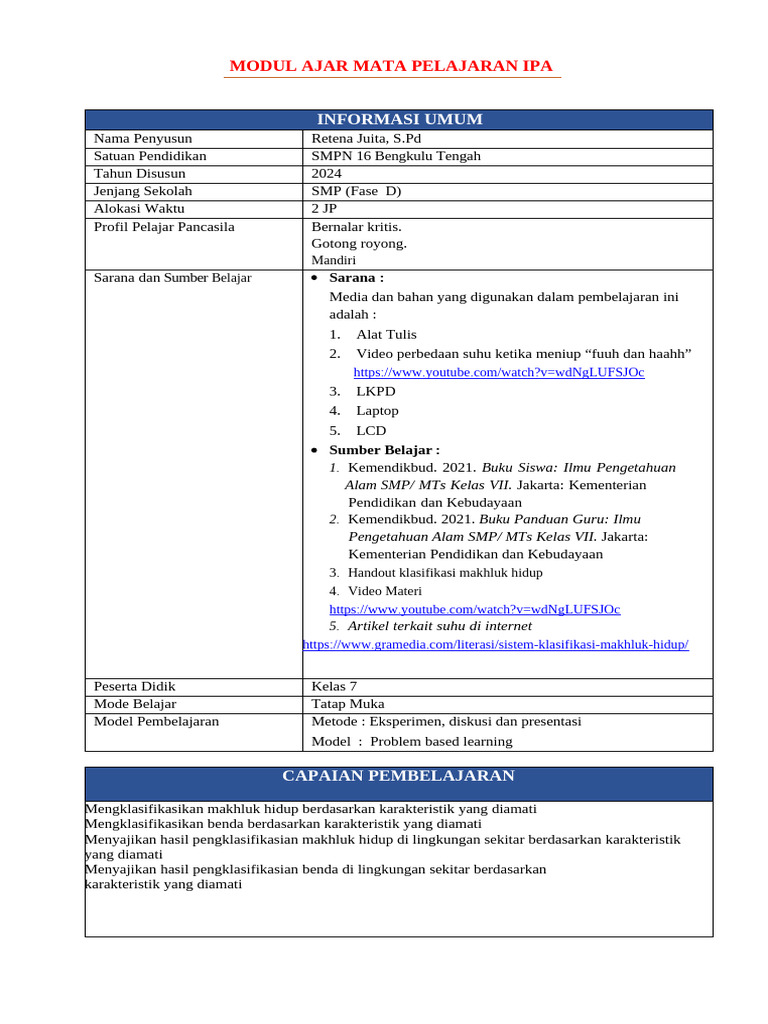 Modul Ajar Diferensiasi Ipa 7 Klasifikasi Makhluk Hidup | PDF