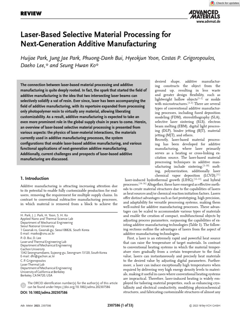 Advanced Materials - 2023 - Park - Laser Based Selective Material ...