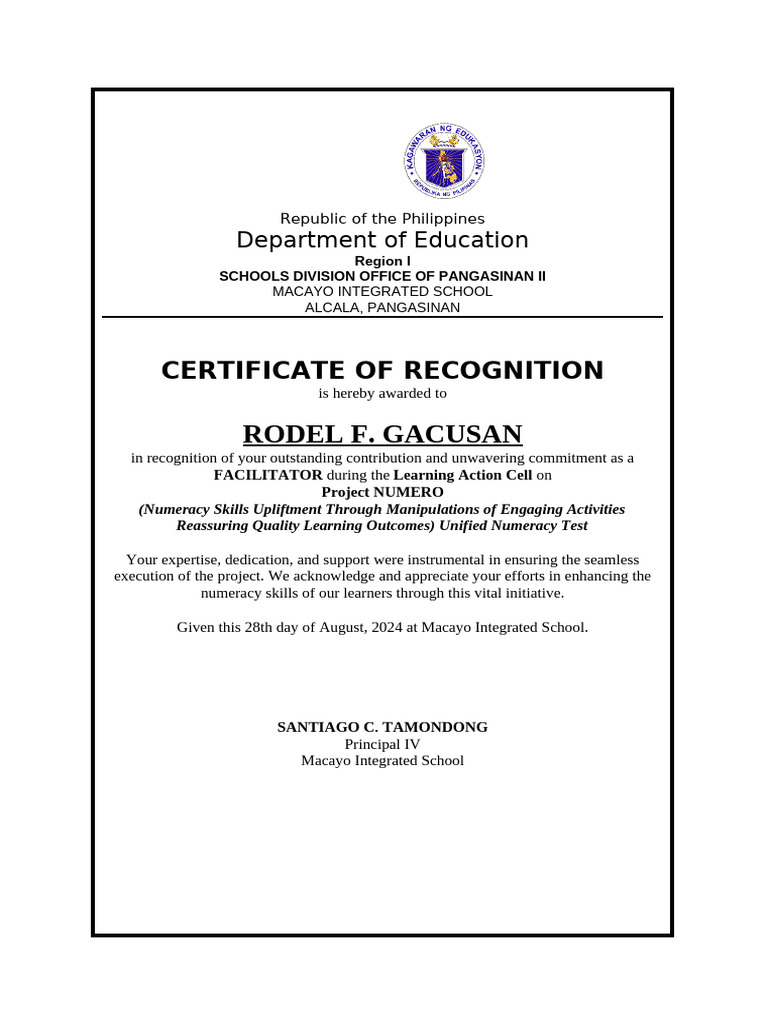 Certificates On Lac Project Numero | PDF