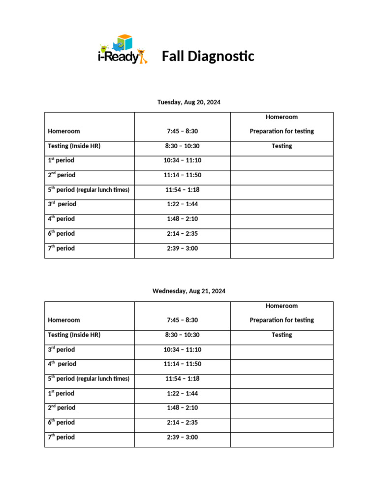 I-Ready Fall Diagnostic Bell Schedule | PDF
