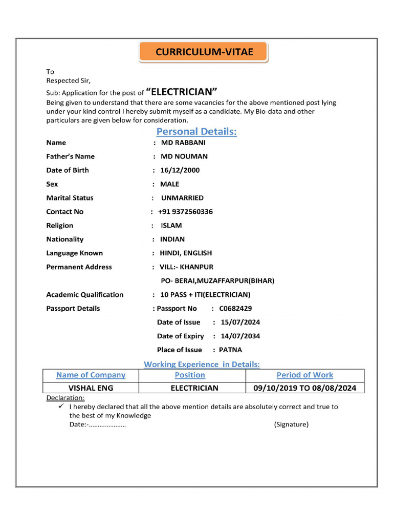 Rabbani (Electrician) | PDF