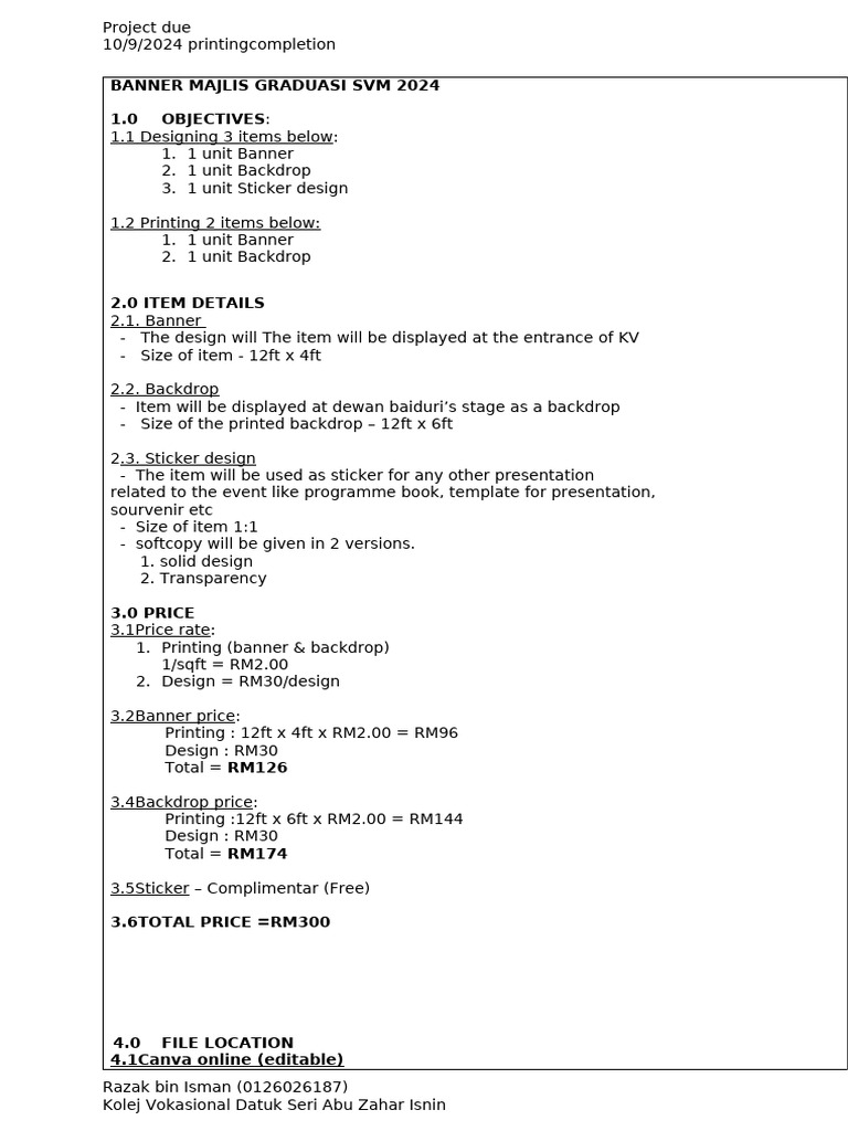 Order Description - Majlis Graduasi SVM 2024 KV | PDF