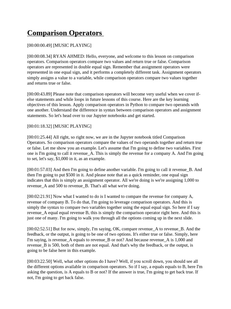 Comparison Operators | PDF