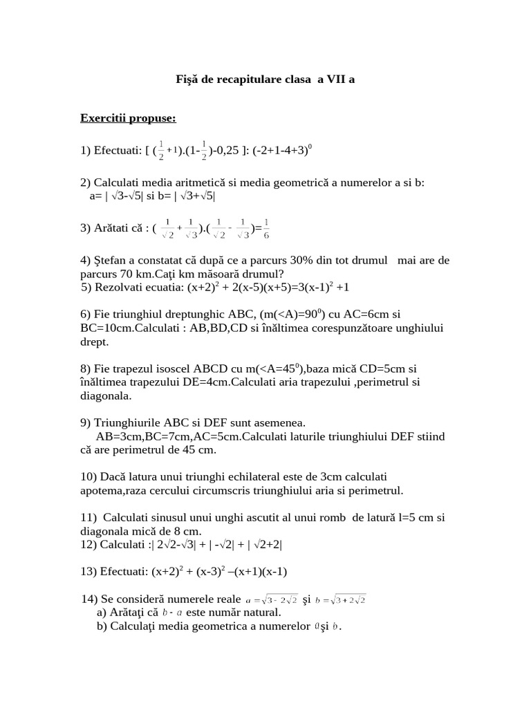 Recapitulare Clasa A VII | PDF