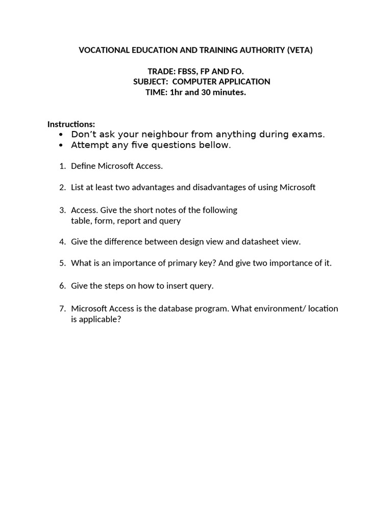 Microsoft Access Theory Practical Test | PDF