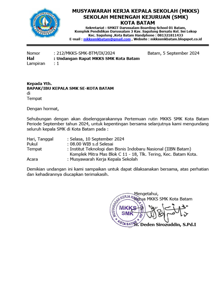 212 Undangan MKKS Bulan September 2024 | PDF