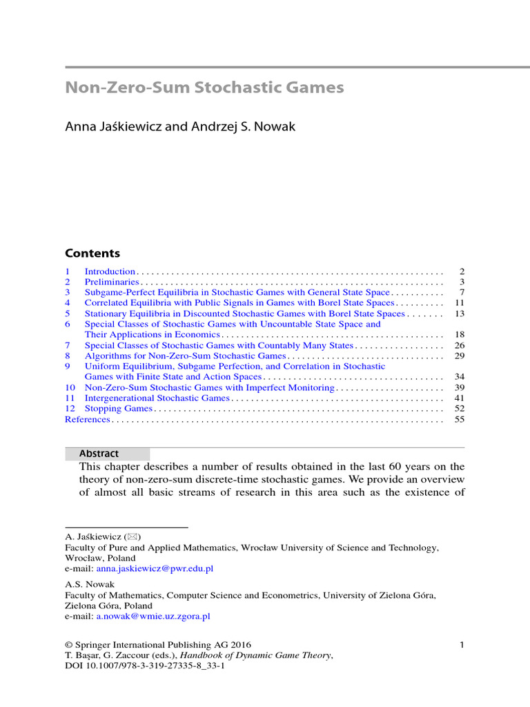 Non-Zero-Sum Stochastic Games: Anna Ja Skiewicz and Andrzej S. Nowak | PDF