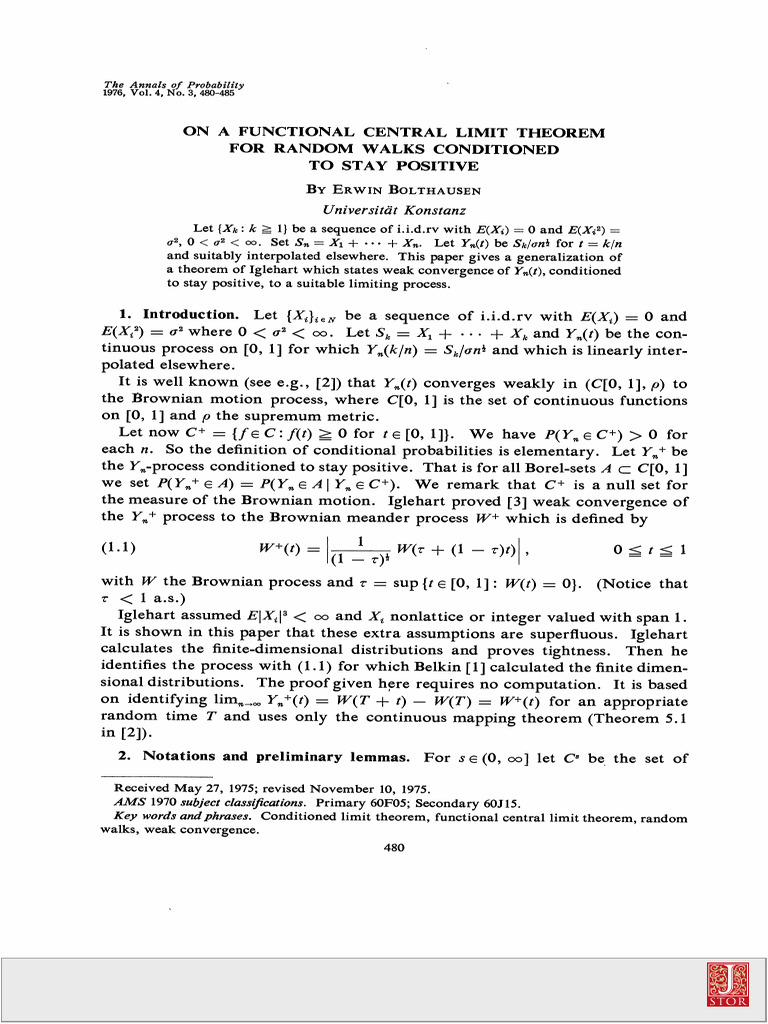 1976 On A Functional Central Limit Theorem For Random Walks Conditioned To Stay Positive | PDF