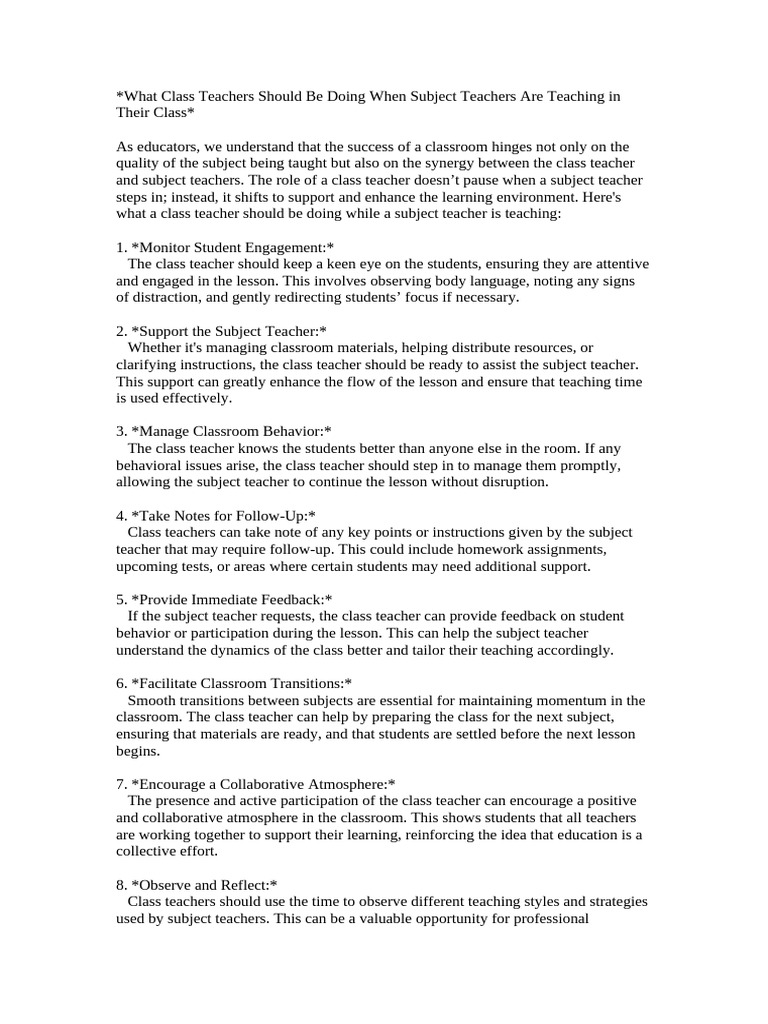 What Class Teacher Should Do | PDF