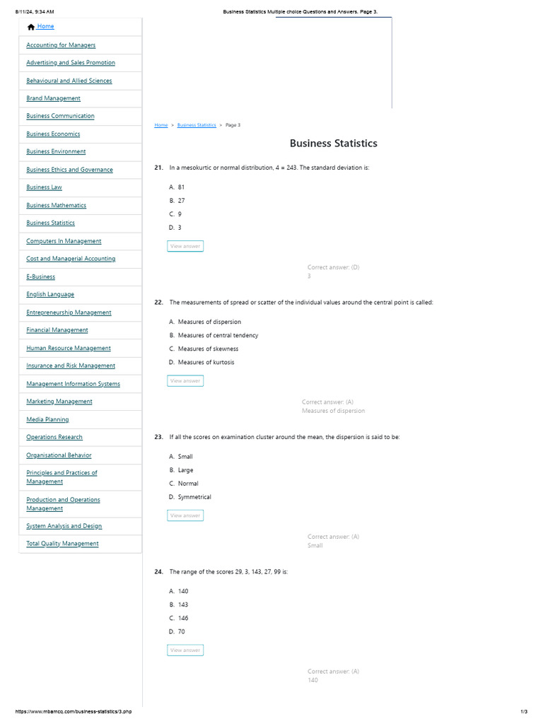 Business Statistics Multiple Choice Questions and Answers. Page 3 | PDF