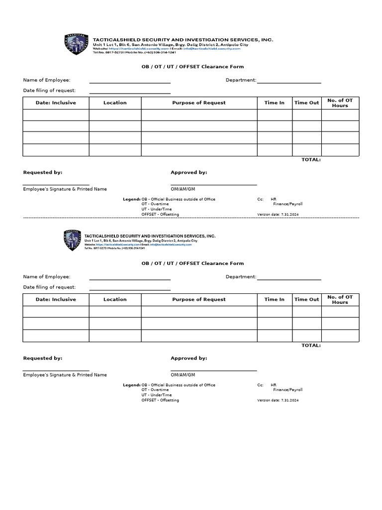OB OT UT Offset - Clearance Form Revised v2 7.31.2024 | PDF