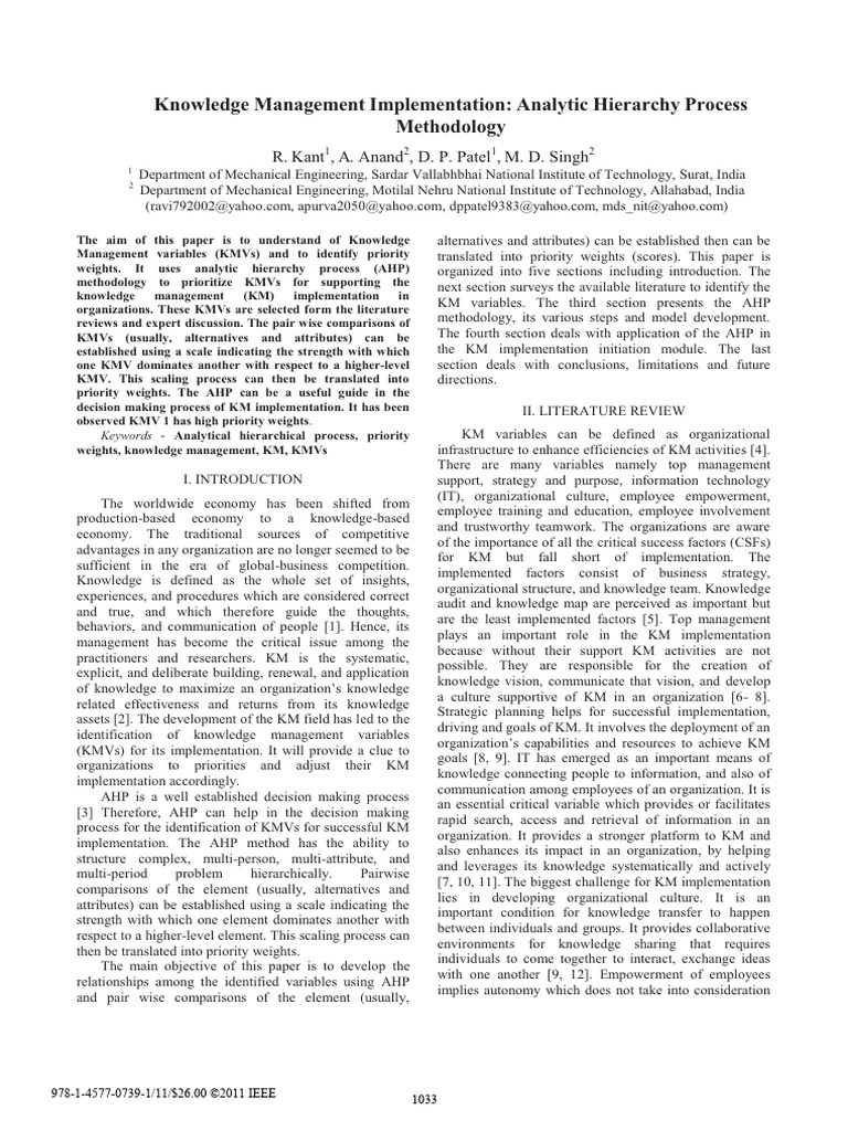 Knowledge Management Implementation Analytic Hierarchy Process Methodology | PDF