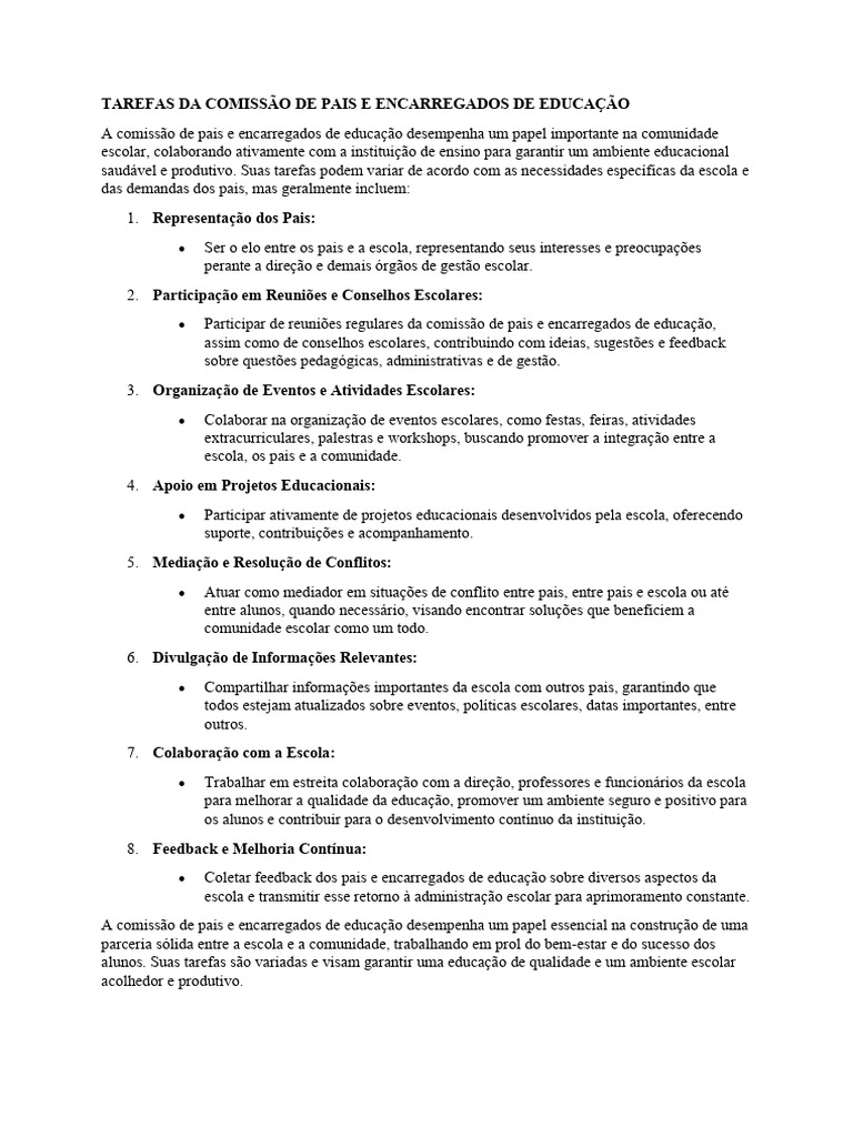 Tarefas Da Comissão de Pais e Encarregados de Educação | PDF Tarefas Da Comissão de Pais e Encarregados de Educação | PDF