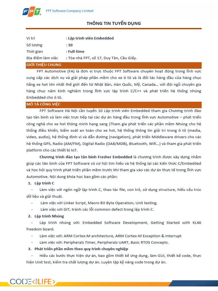 [FPT Software] JD_Fresher Embedded | PDF