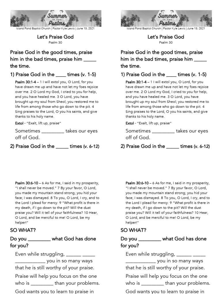 Psalm 30 Summer in The Psalms TEACHING SHEET | PDF