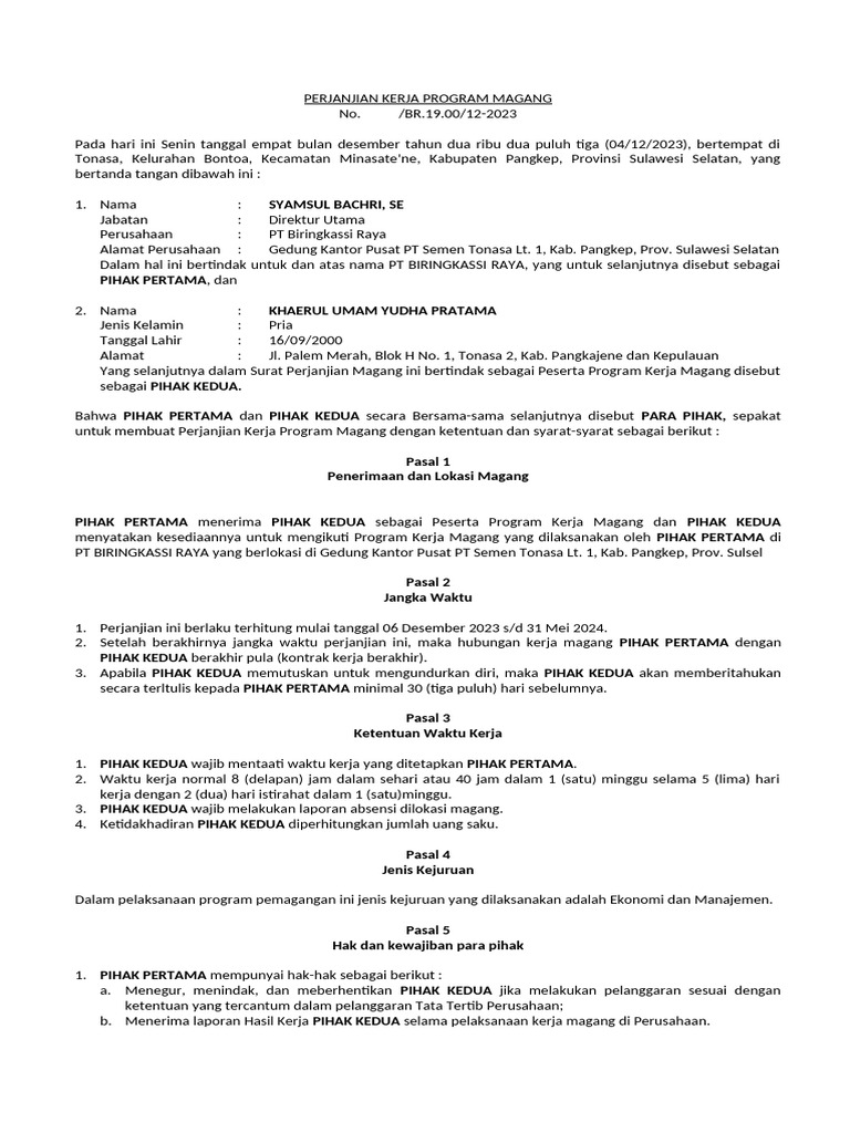 Perjanjian Kerja Magang | PDF