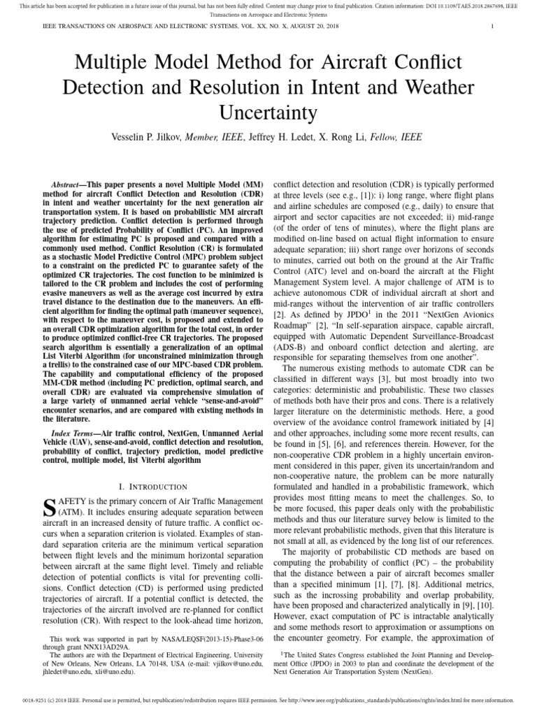 Multiple Model Method For Aircraft Conflict Detection And Resolution