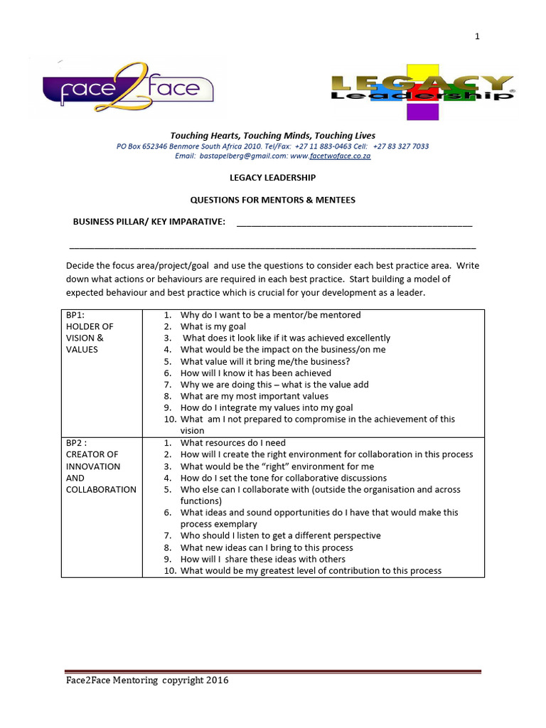 Legacy Questions For Mentors & Mentees | PDF | Mentorship | Career & Growth