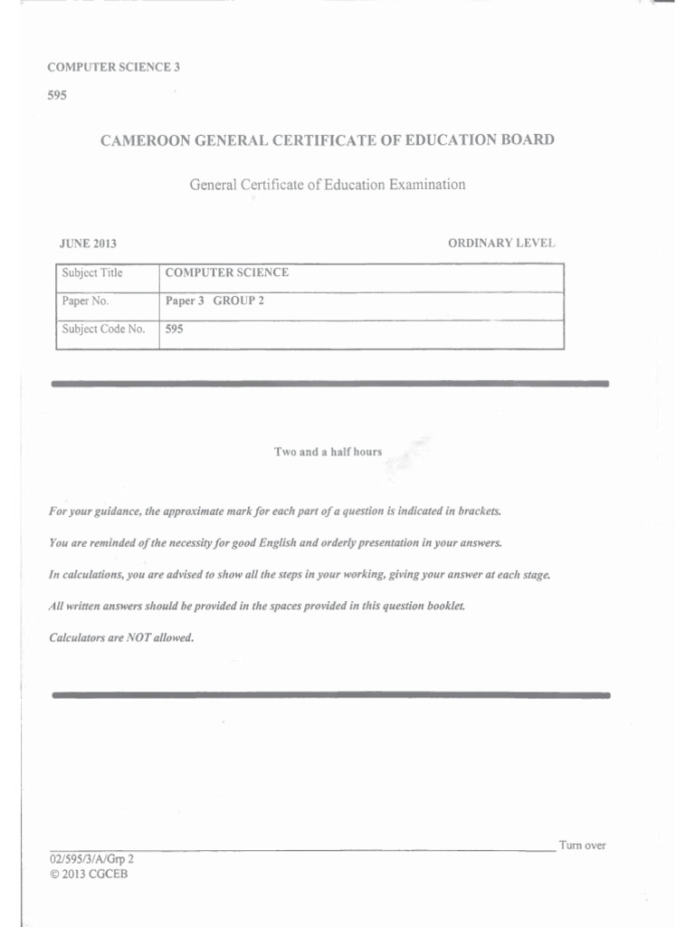 2013 GCE 595 Paper 3 | PDF | Spreadsheet | Computer Programming