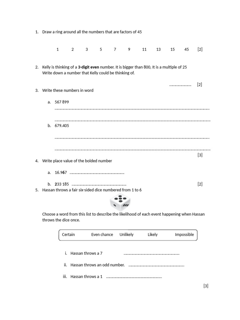Grade 6 Math Progressive Test | PDF