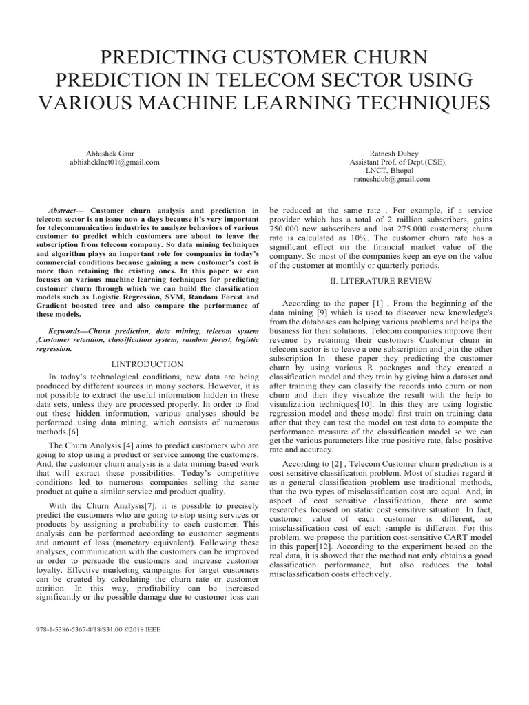 Predicting Customer Churn Prediction in Telecom Sector Using Various Machine Learning Techniques ...