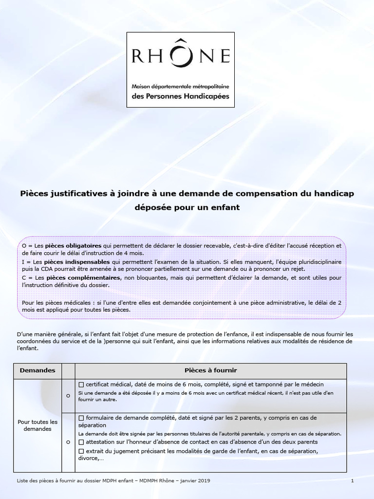 Fiche Des Pieces A Fournir Au Dossier MDPH Enfant | PDF
