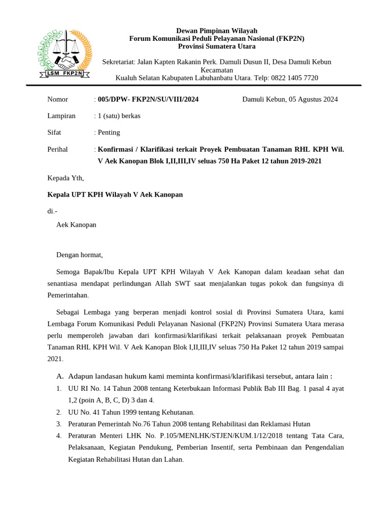 Surat FKP2N 005 Konfirmasi Dan Klarifikasi Ke KPH V Aek Kanopan | PDF