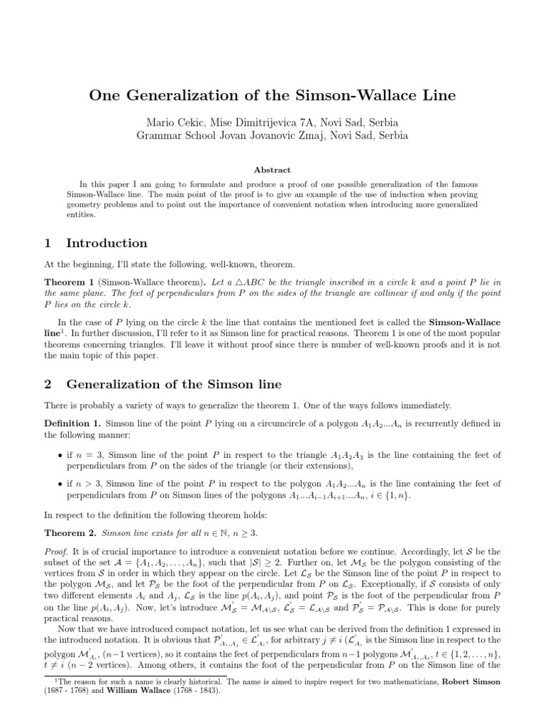 One Generalization of The Simson-Wallace Line | PDF | Triangle ...