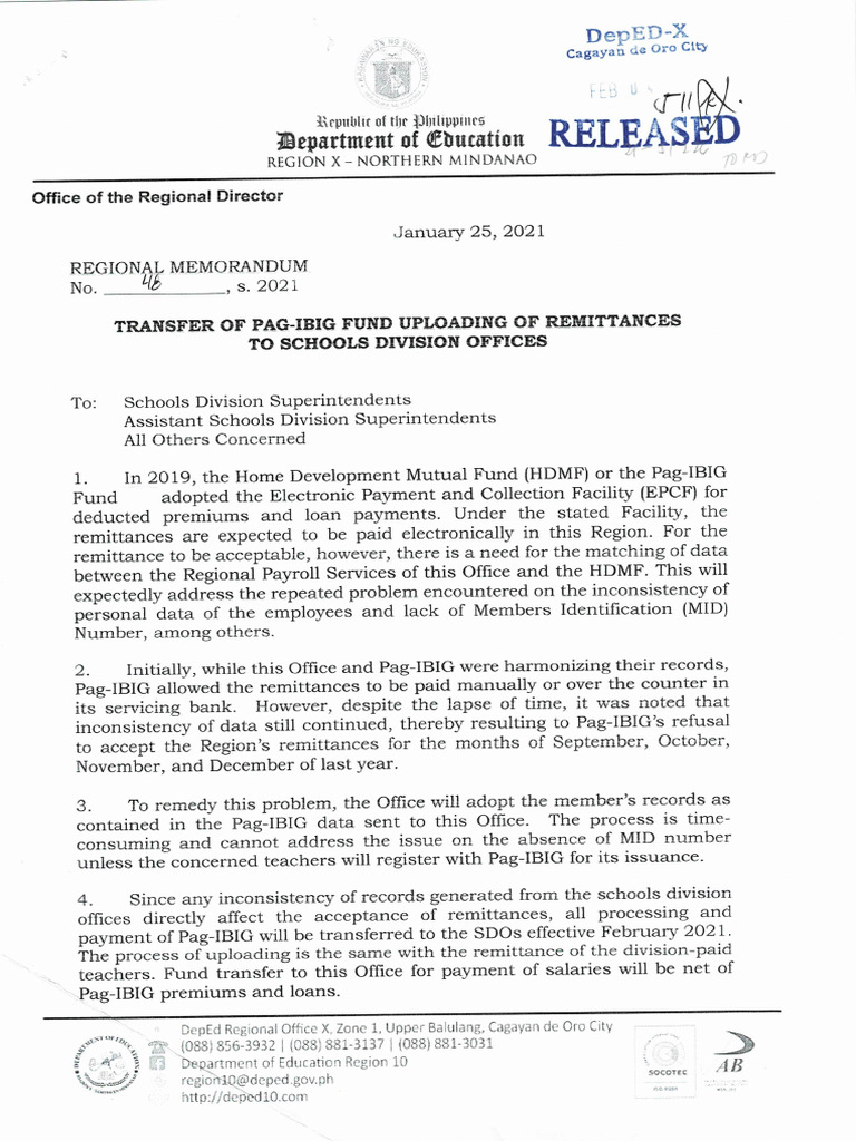 RM - 48 - Transfer of Pag-Ibig Fund Uploading of Remittances To Schools Division Offices | PDF