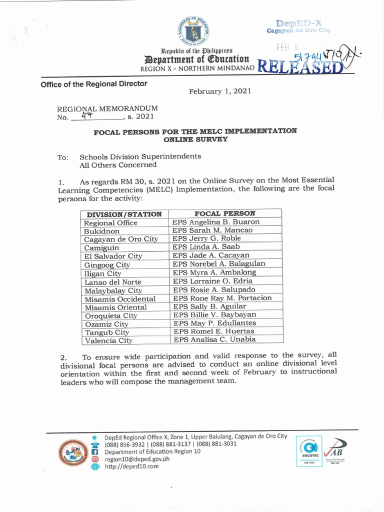 RM - 47 - Focal Persons For The MELC Implementation Online Survey | PDF