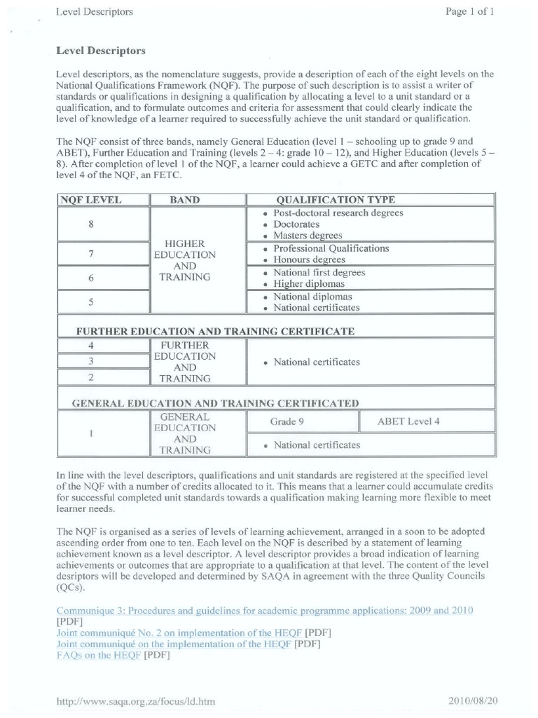 NQF Levels Equivalencies | PDF
