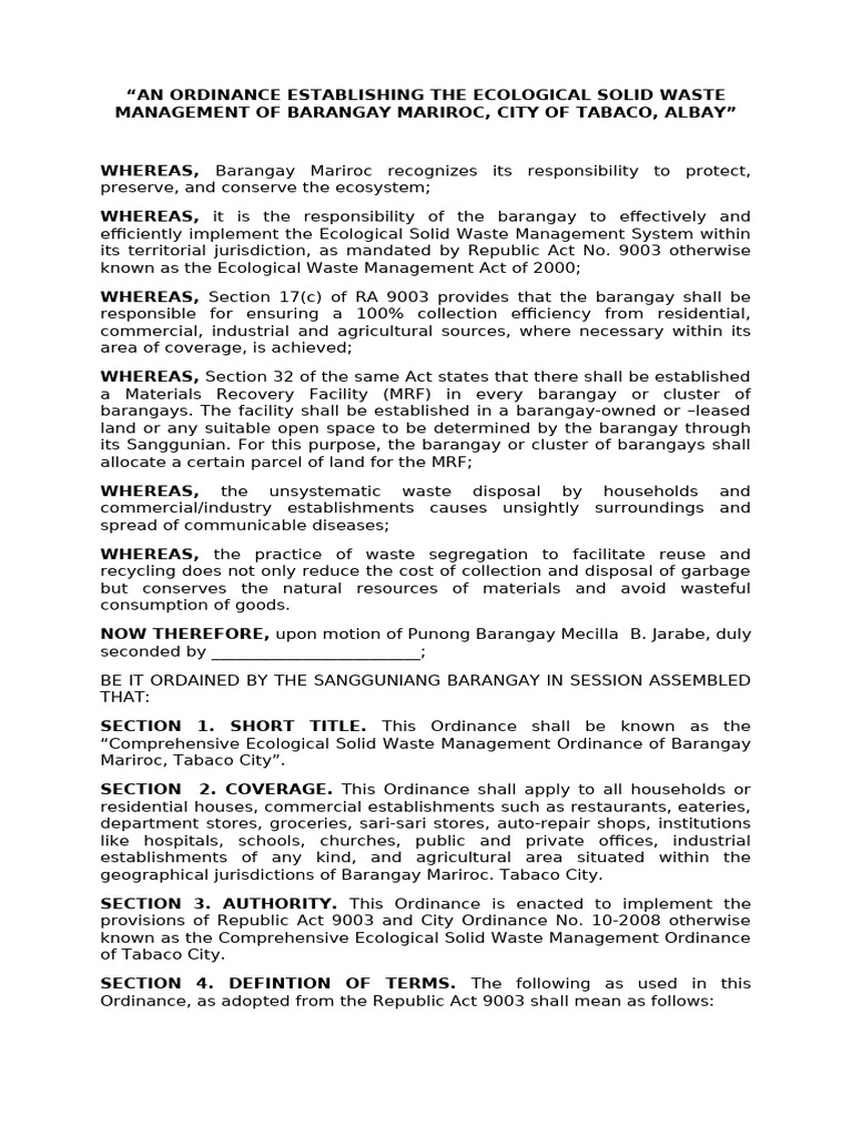 Ecological Solid Waste Management Ordinance | PDF