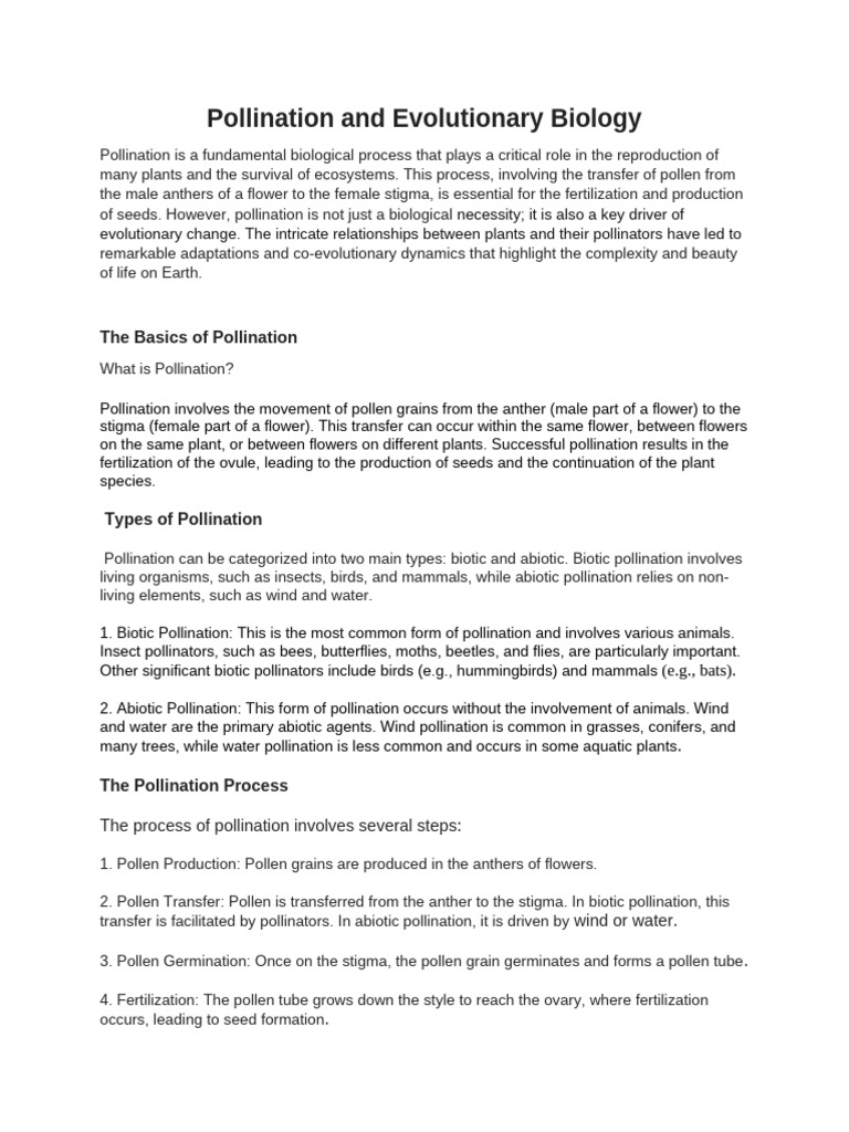 Pollination and Evolutionary Biology | PDF | Pollination | Flowers