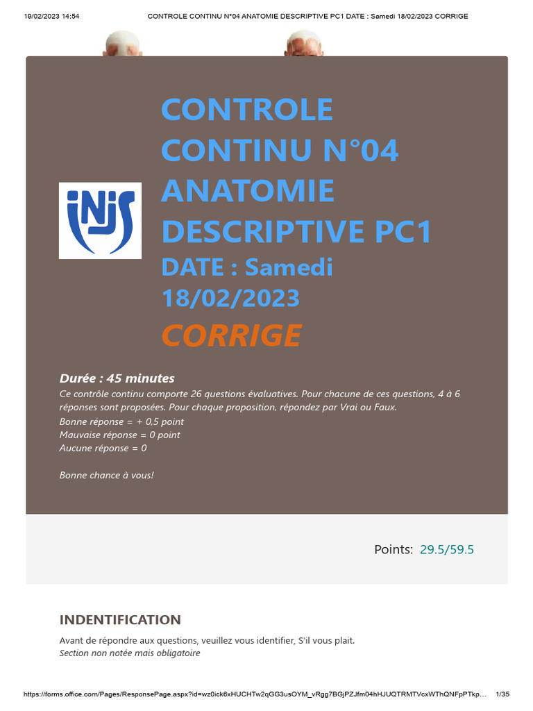 CORRIGE - CONTROLE CONTINU N°04 ANATOMIE DESCRIPTIVE PC1 DATE - Samedi 18 - 02 - 2023 CORRIGE | PDF