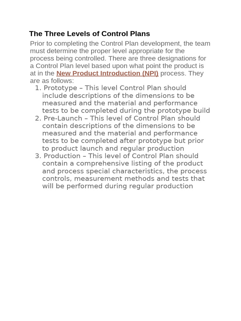 The Three Levels of Control Plans | PDF