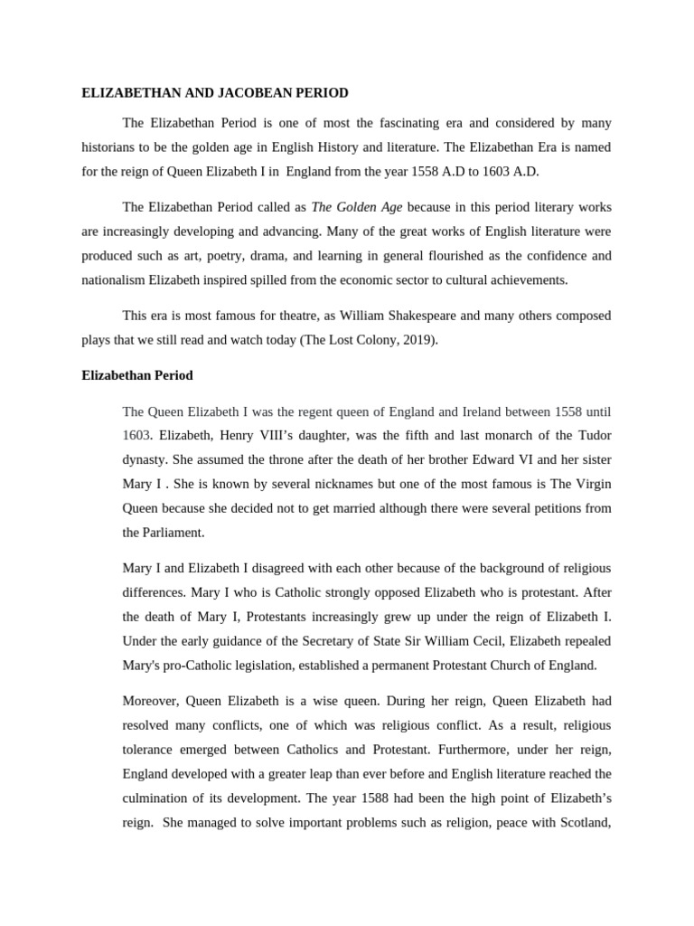 Paper 1 - The Elizabethan and Jacobean Period in English Literature | PDF