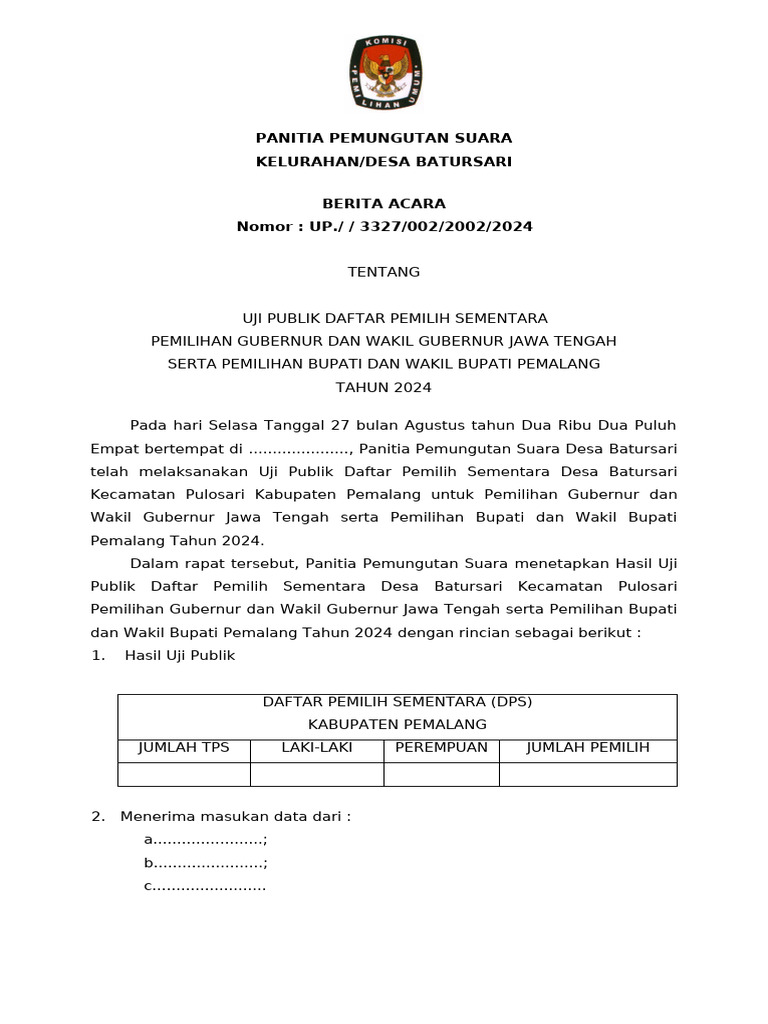 Berita Acara Uji Publik DPS Pilkada 2024 | PDF