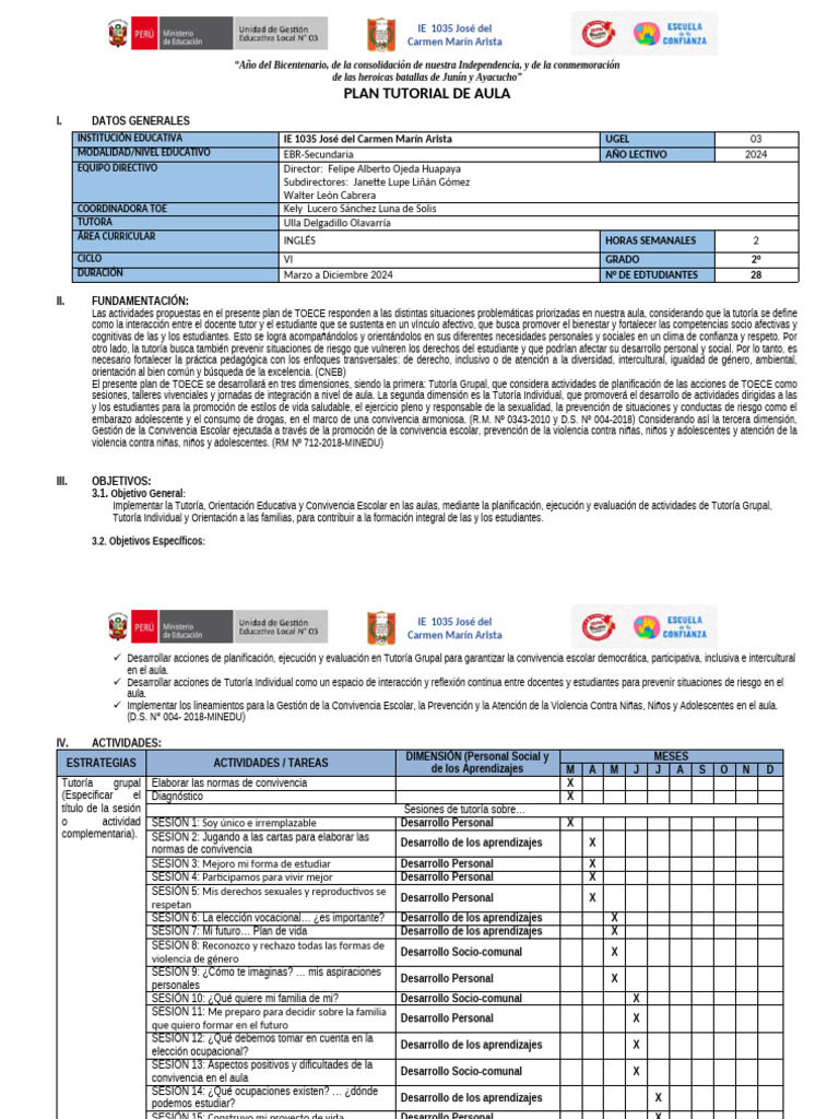 PLAN TUTORIAL DE AULA 2DO 2024 | PDF