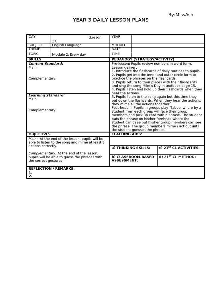 Year 3 Daily Lesson Plans: Module 2: Every Day | PDF