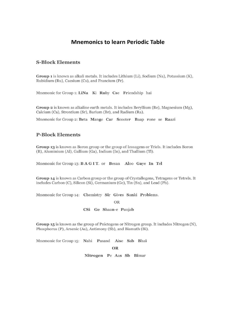 Mnemonics Periodic Table | PDF