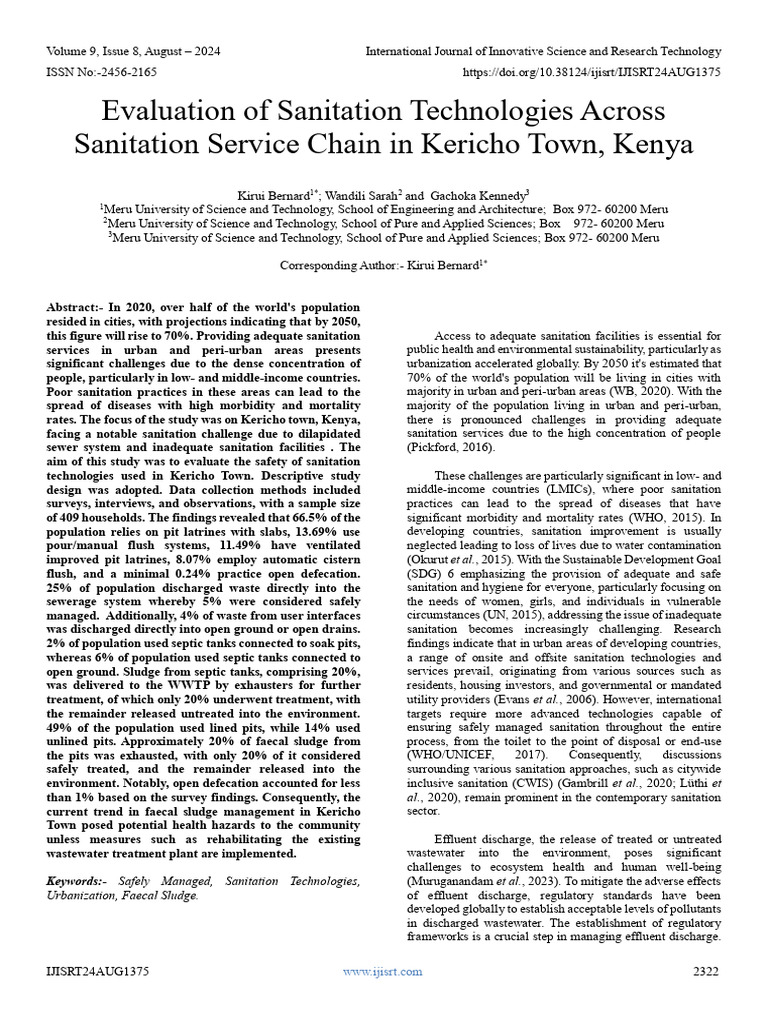 Evaluation of Sanitation Technologies Across Sanitation Service Chain ...
