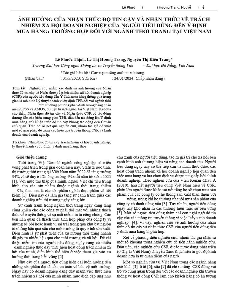 BB2. (DHDN - 2) Nhan Thuc Do Tin Cay Va Nhan Thuc CSR Cua Nguoi Tieu ...